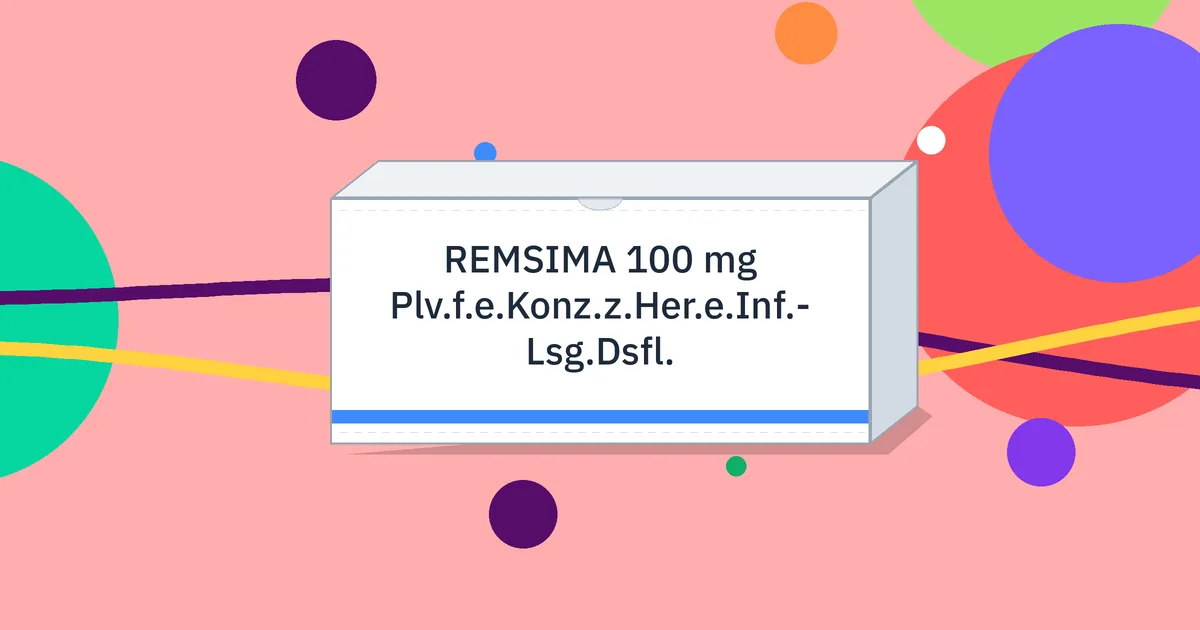 Symbolbild: Packung mit der Aufschrift REMSIMA 100 mg Plv.f.e.Konz.z.Her.e.Inf.-Lsg.Dsfl. (PZN 11697257) – Verfügbarkeit und Bezug in Apotheken in Frankfurt am Main