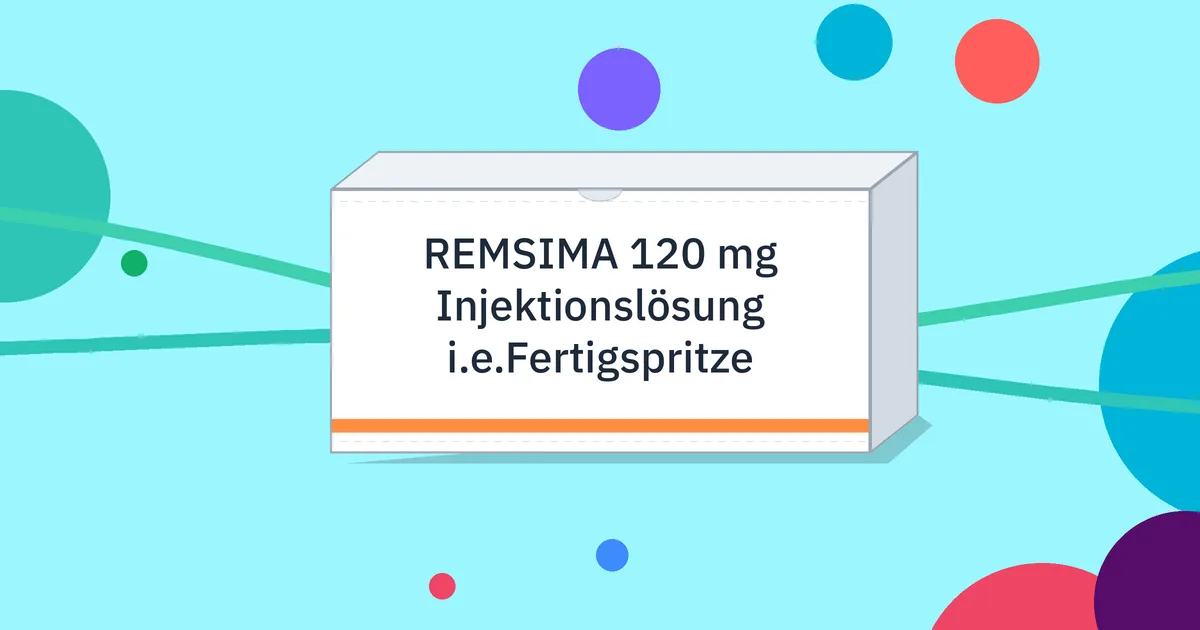 Symbolbild: Packung mit der Aufschrift REMSIMA 120 mg Injektionslösung i.e.Fertigspritze (PZN 20411113) – Verfügbarkeit und Bezug in Apotheken in Frankfurt am Main