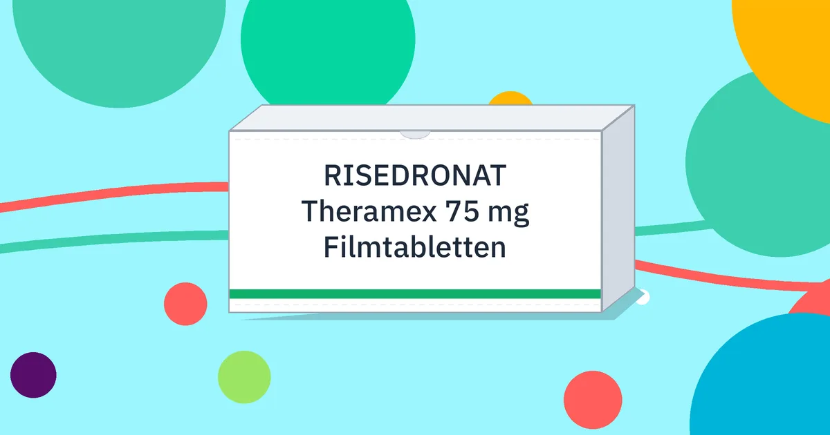 Symbolbild: Packung mit der Aufschrift RISEDRONAT Theramex 75 mg Filmtabletten (PZN 18117027) – Verfügbarkeit und Bezug in Apotheken in Frankfurt am Main