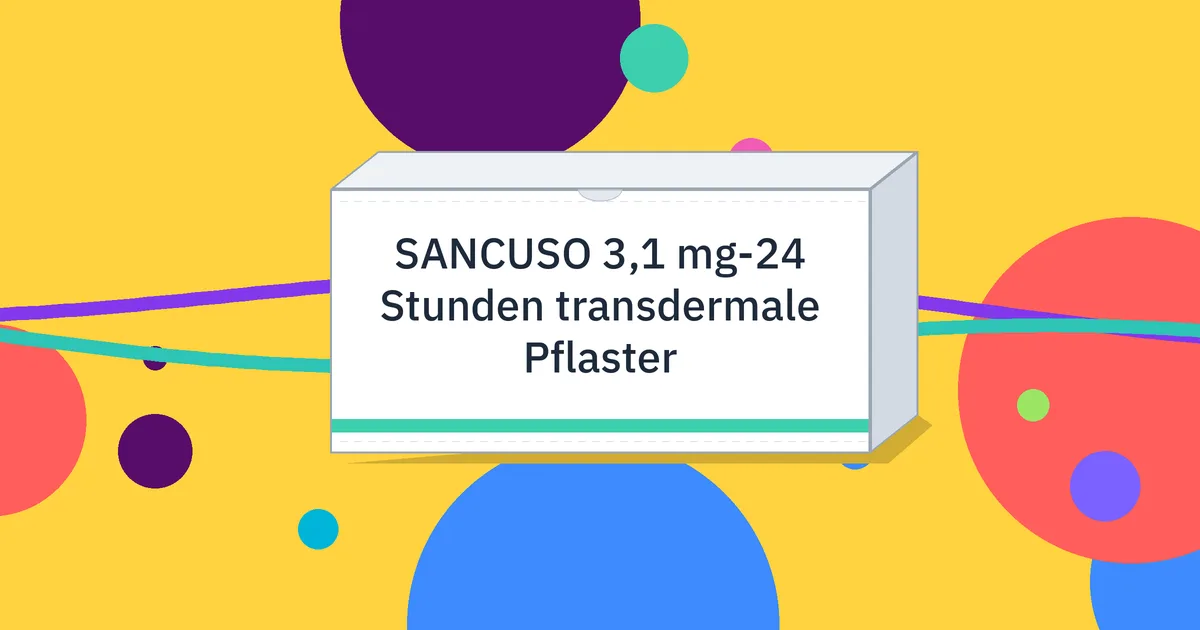 Symbolbild: Packung mit der Aufschrift SANCUSO 3,1 mg-24 Stunden transdermale Pflaster (PZN 19733998) – Verfügbarkeit und Bezug in Apotheken in Frankfurt am Main