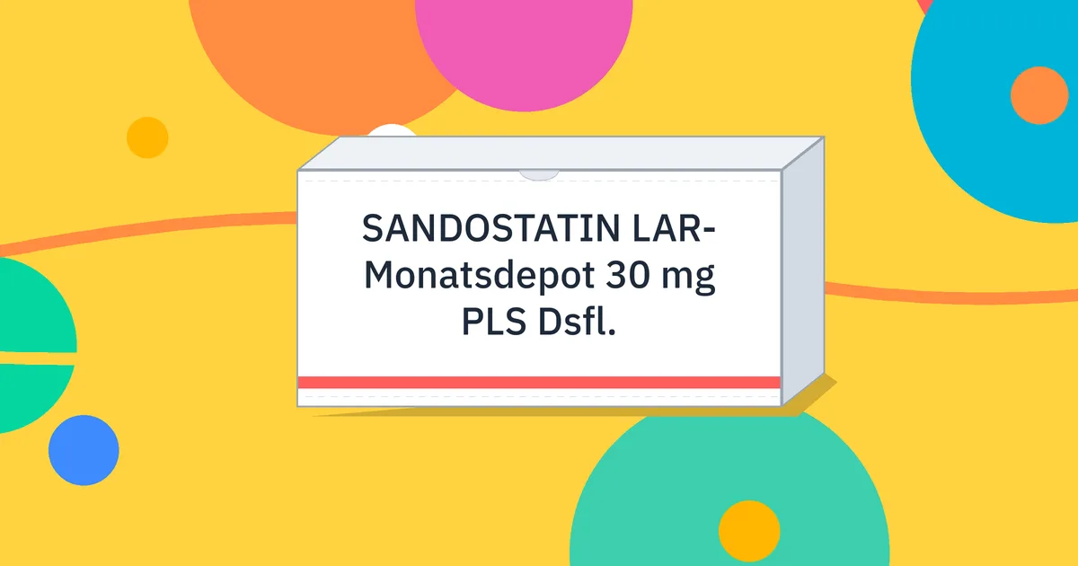 Symbolbild: Packung mit der Aufschrift SANDOSTATIN LAR-Monatsdepot 30 mg PLS Dsfl. (PZN 14242037) – Verfügbarkeit und Bezug in Apotheken in Frankfurt am Main