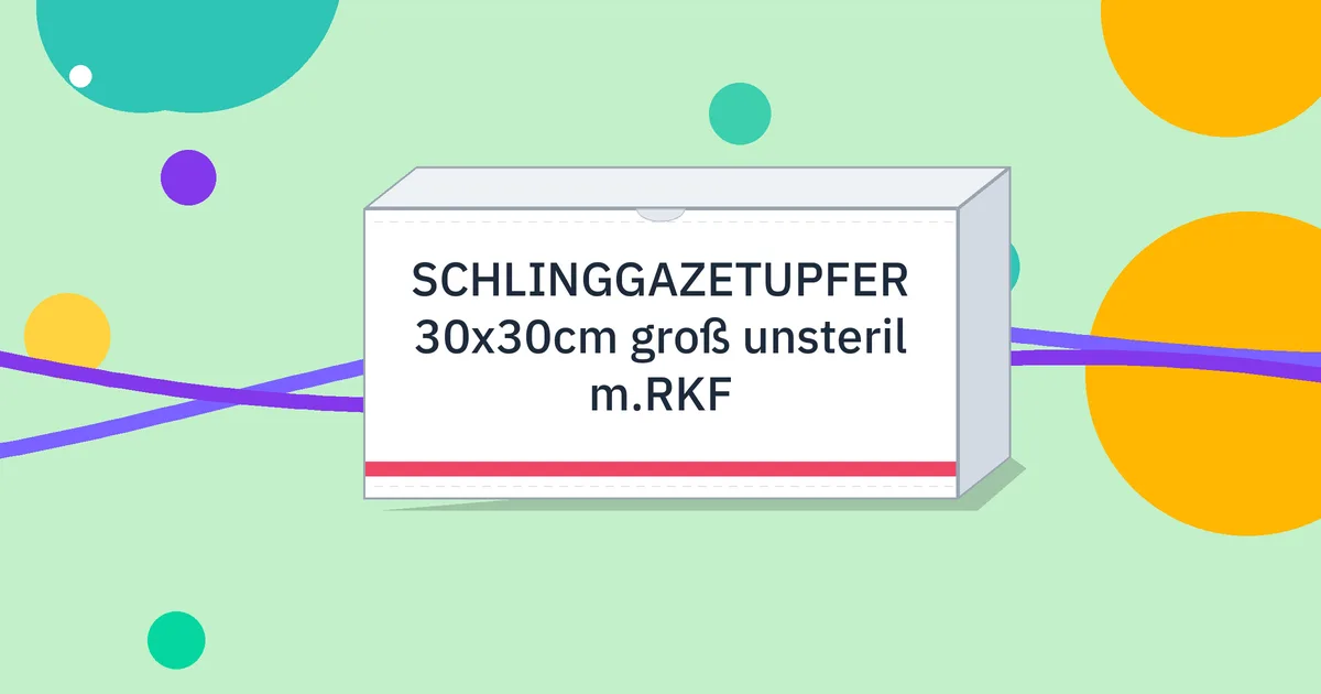 Symbolbild: Packung mit der Aufschrift SCHLINGGAZETUPFER 30x30cm groß unsteril m.RKF (PZN 06953907) – Verfügbarkeit und Bezug in Apotheken in Frankfurt am Main
