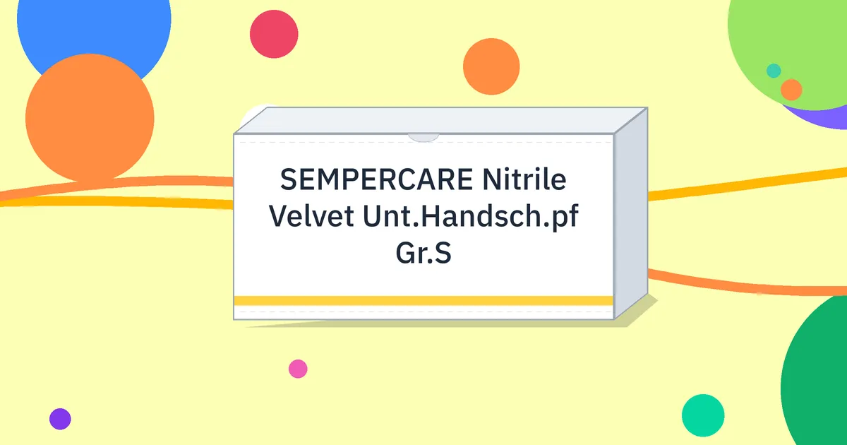 Symbolbild: Packung mit der Aufschrift SEMPERCARE Nitrile Velvet Unt.Handsch.pf Gr.S (PZN 12643855) – Verfügbarkeit und Bezug in Apotheken in Frankfurt am Main
