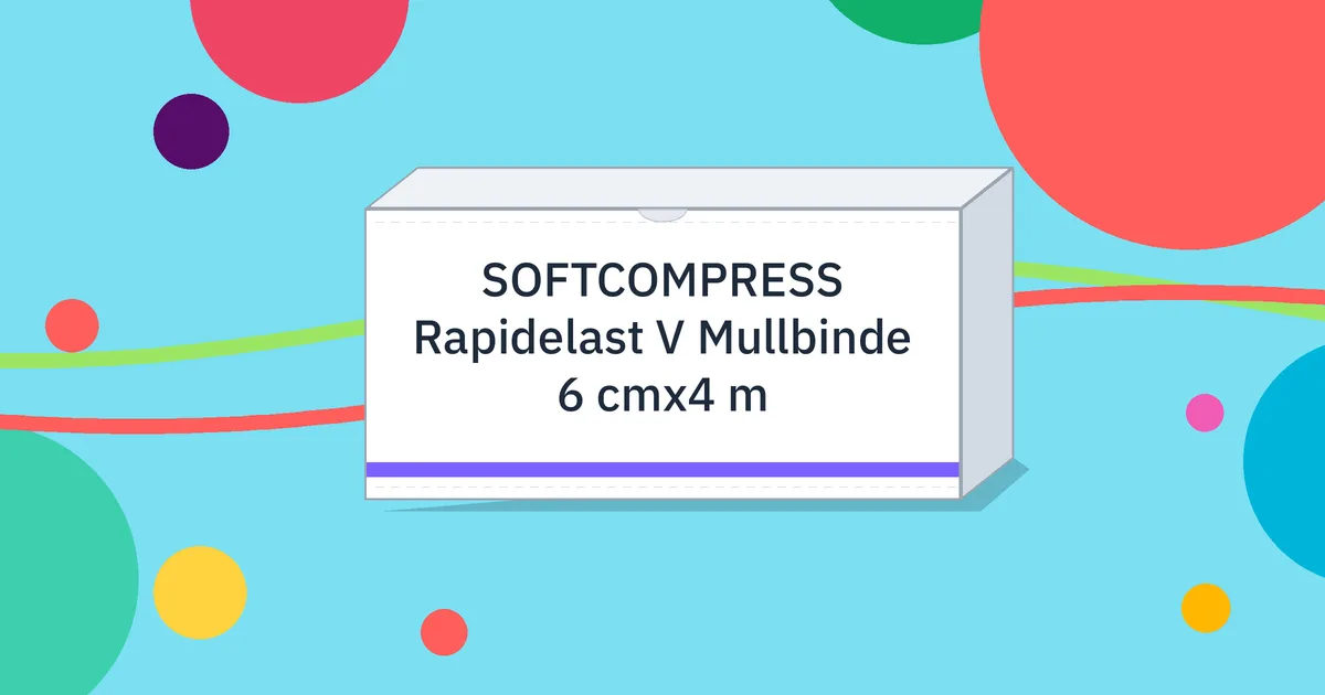 Symbolbild: Packung mit der Aufschrift SOFTCOMPRESS Rapidelast V Mullbinde 6 cmx4 m (PZN 13506267) – Verfügbarkeit und Bezug in Apotheken in Frankfurt am Main