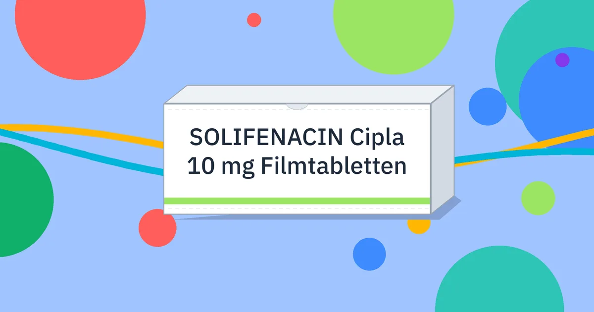 Symbolbild: Packung mit der Aufschrift SOLIFENACIN Cipla 10 mg Filmtabletten (PZN 16138479) – Verfügbarkeit und Bezug in Apotheken in Frankfurt am Main