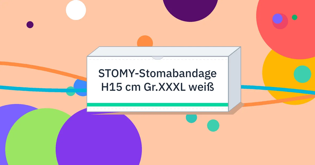 Symbolbild: Packung mit der Aufschrift STOMY-Stomabandage H15 cm Gr.XXXL weiß (PZN 16314806) – Verfügbarkeit und Bezug in Apotheken in Frankfurt am Main