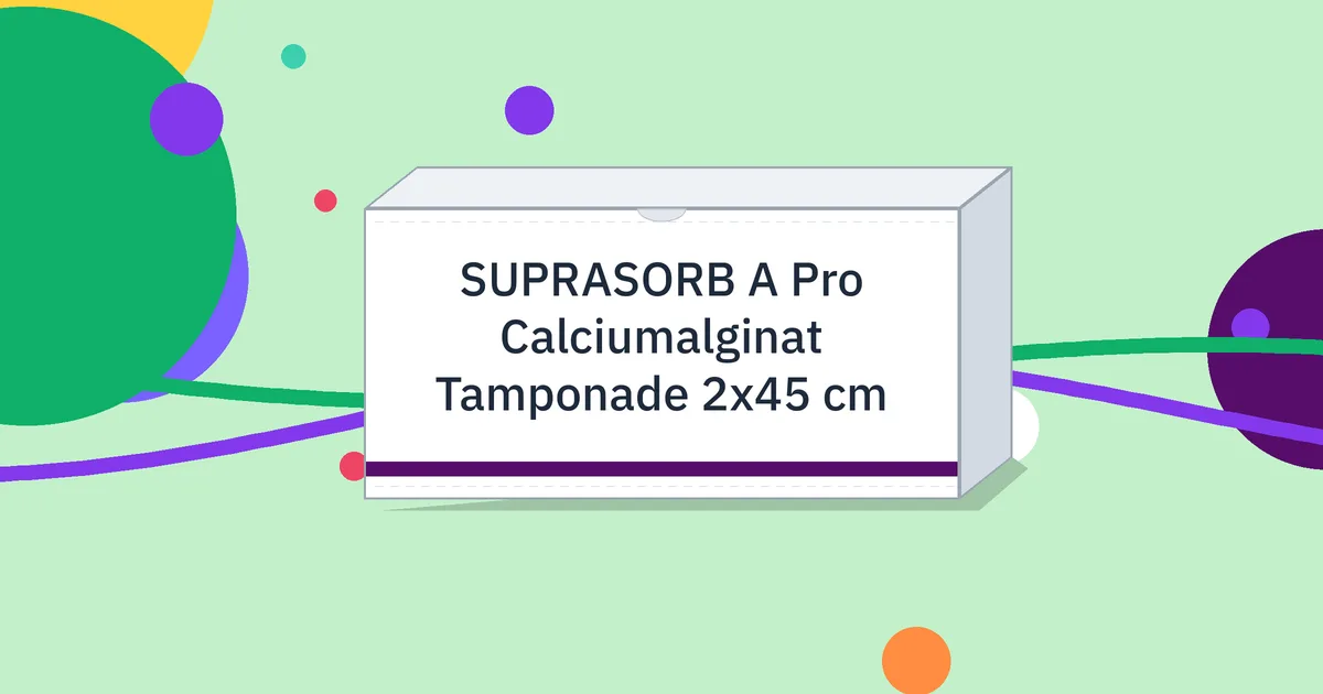 Symbolbild: Packung mit der Aufschrift SUPRASORB A Pro Calciumalginat Tamponade 2x45 cm (PZN 19420621) – Verfügbarkeit und Bezug in Apotheken in Frankfurt am Main
