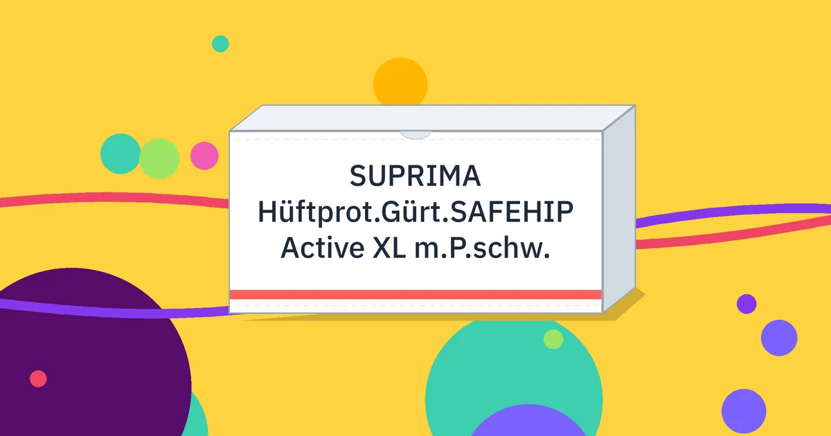 Symbolbild: Packung mit der Aufschrift SUPRIMA Hüftprot.Gürt.SAFEHIP Active XL m.P.schw. (PZN 13818765) – Verfügbarkeit und Bezug in Apotheken in Frankfurt am Main