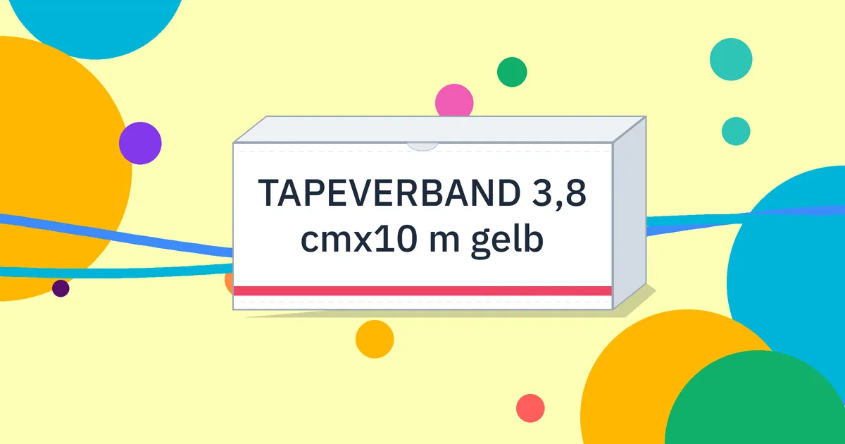 Symbolbild: Packung mit der Aufschrift TAPEVERBAND 3,8 cmx10 m gelb (PZN 07329192) – Verfügbarkeit und Bezug in Apotheken in Frankfurt am Main