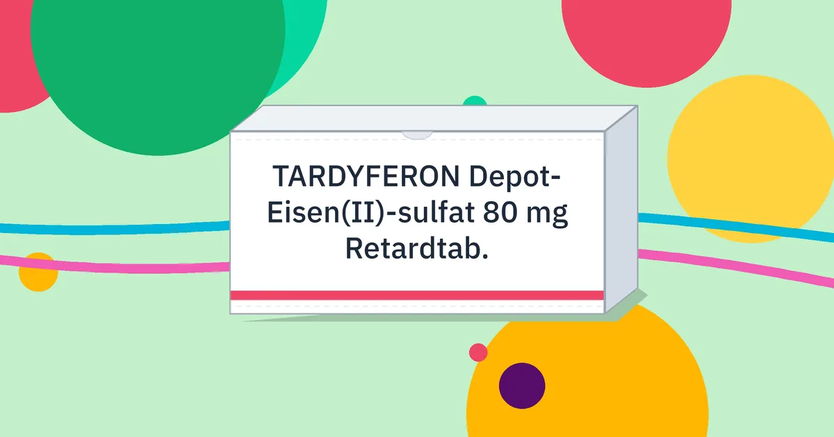 Symbolbild: Packung mit der Aufschrift TARDYFERON Depot-Eisen(II)-sulfat 80 mg Retardtab. (PZN 20169801) – Verfügbarkeit und Bezug in Apotheken in Frankfurt am Main