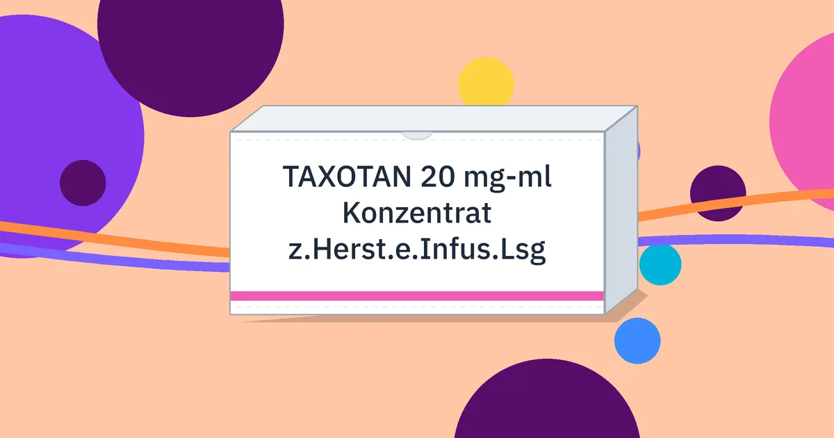 Symbolbild: Packung mit der Aufschrift TAXOTAN 20 mg-ml Konzentrat z.Herst.e.Infus.Lsg (PZN 07108953) – Verfügbarkeit und Bezug in Apotheken in Frankfurt am Main