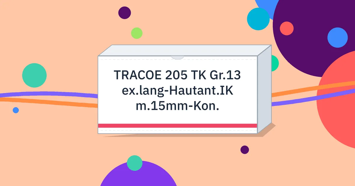 Symbolbild: Packung mit der Aufschrift TRACOE 205 TK Gr.13 ex.lang-Hautant.IK m.15mm-Kon. (PZN 00919890) – Verfügbarkeit und Bezug in Apotheken in Frankfurt am Main