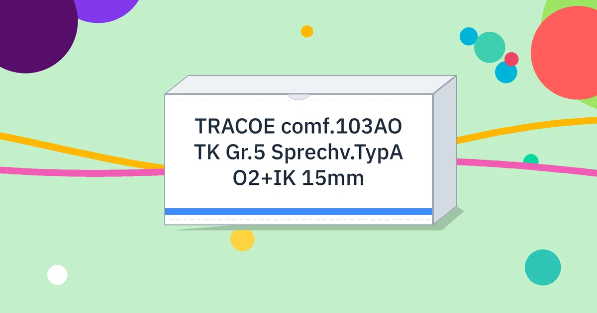Symbolbild: Packung mit der Aufschrift TRACOE comf.103AO TK Gr.5 Sprechv.TypA O2+IK 15mm (PZN 18232550) – Verfügbarkeit und Bezug in Apotheken in Frankfurt am Main