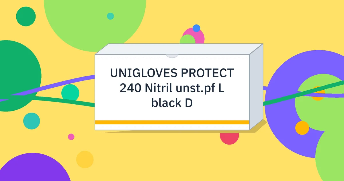 Symbolbild: Packung mit der Aufschrift UNIGLOVES PROTECT 240 Nitril unst.pf L black D (PZN 19996195) – Verfügbarkeit und Bezug in Apotheken in Frankfurt am Main