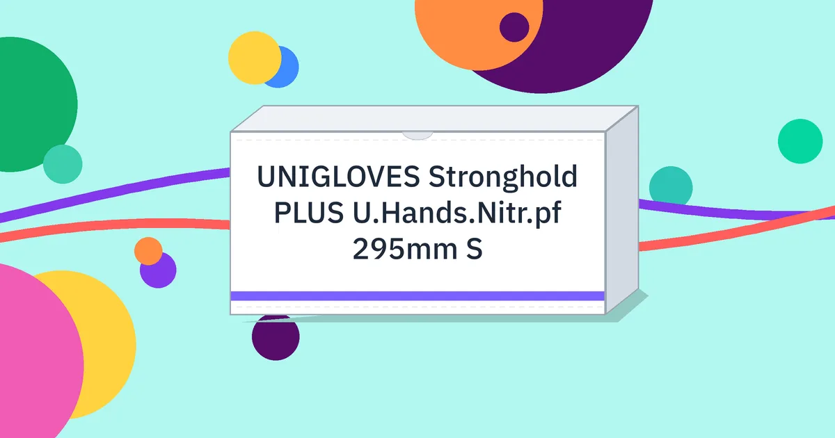Symbolbild: Packung mit der Aufschrift UNIGLOVES Stronghold PLUS U.Hands.Nitr.pf 295mm S (PZN 18102735) – Verfügbarkeit und Bezug in Apotheken in Frankfurt am Main