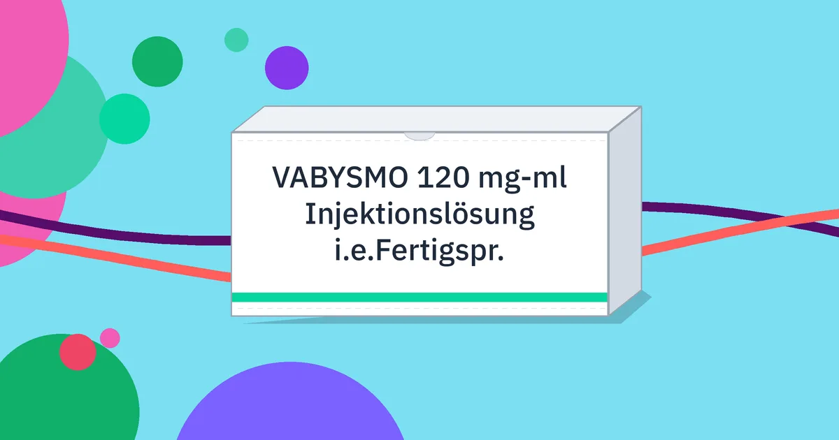 Symbolbild: Packung mit der Aufschrift VABYSMO 120 mg-ml Injektionslösung i.e.Fertigspr. (PZN 20541672) – Verfügbarkeit und Bezug in Apotheken in Frankfurt am Main