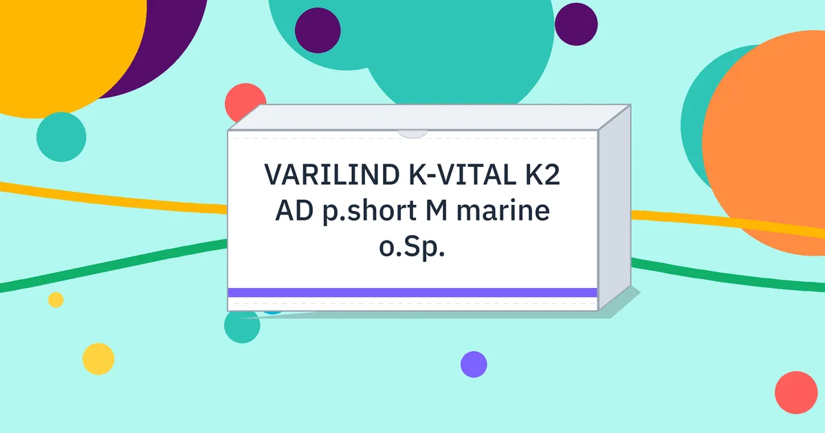 Symbolbild: Packung mit der Aufschrift VARILIND K-VITAL K2 AD p.short M marine o.Sp. (PZN 20568027) – Verfügbarkeit und Bezug in Apotheken in Frankfurt am Main