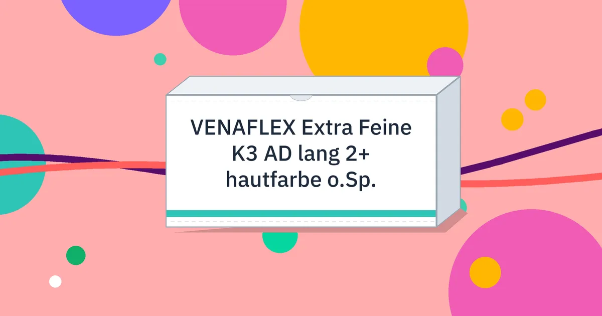 Symbolbild: Packung mit der Aufschrift VENAFLEX Extra Feine K3 AD lang 2+ hautfarbe o.Sp. (PZN 18308069) – Verfügbarkeit und Bezug in Apotheken in Frankfurt am Main