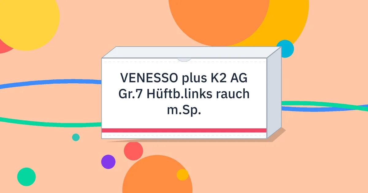 Symbolbild: Packung mit der Aufschrift VENESSO plus K2 AG Gr.7 Hüftb.links rauch m.Sp. (PZN 03308371) – Verfügbarkeit und Bezug in Apotheken in Frankfurt am Main