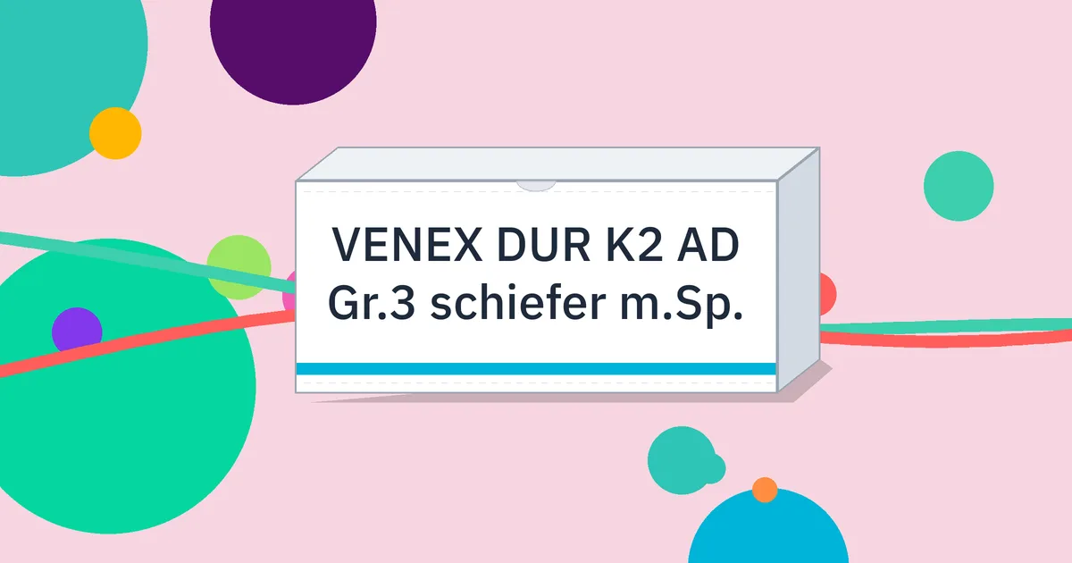 Symbolbild: Packung mit der Aufschrift VENEX DUR K2 AD Gr.3 schiefer m.Sp. (PZN 03209597) – Verfügbarkeit und Bezug in Apotheken in Frankfurt am Main