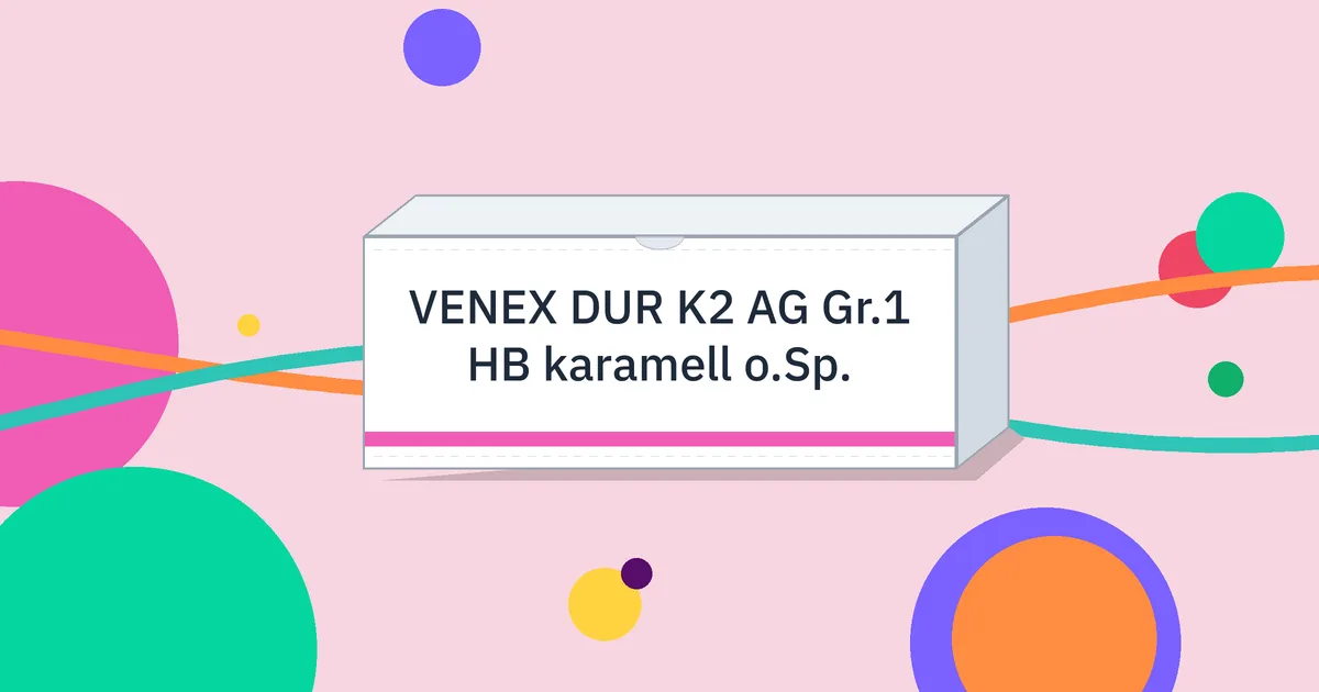 Symbolbild: Packung mit der Aufschrift VENEX DUR K2 AG Gr.1 HB karamell o.Sp. (PZN 13757791) – Verfügbarkeit und Bezug in Apotheken in Frankfurt am Main