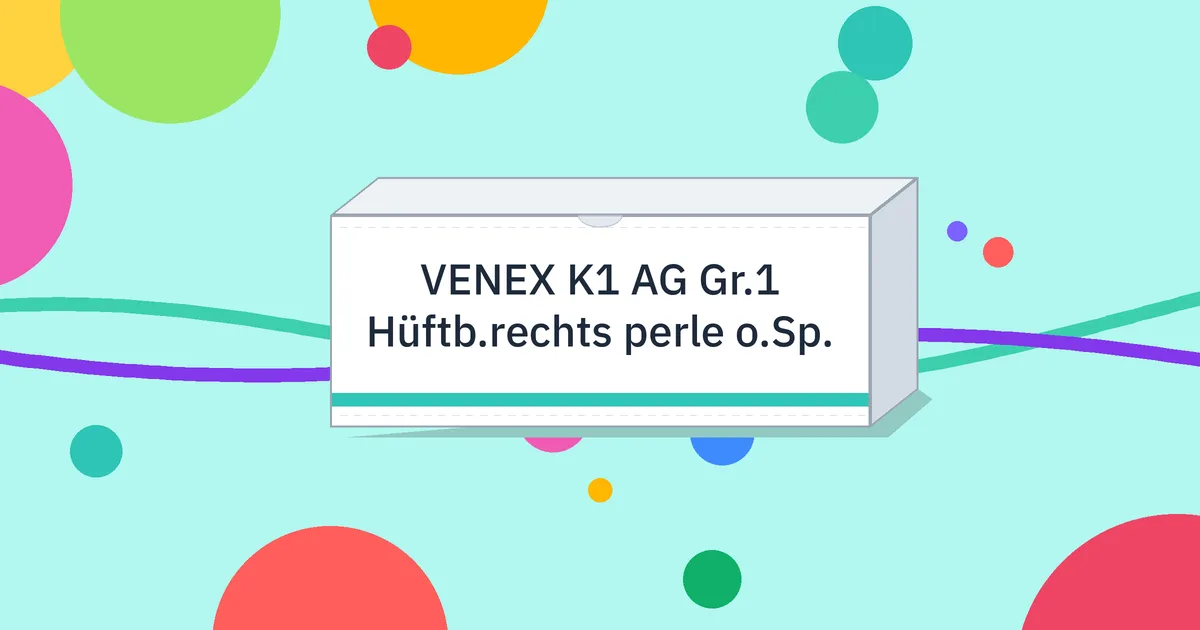 Symbolbild: Packung mit der Aufschrift VENEX K1 AG Gr.1 Hüftb.rechts perle o.Sp. (PZN 03207405) – Verfügbarkeit und Bezug in Apotheken in Frankfurt am Main