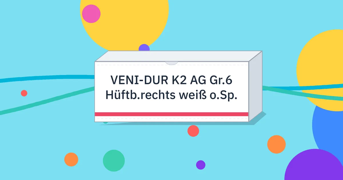 Symbolbild: Packung mit der Aufschrift VENI-DUR K2 AG Gr.6 Hüftb.rechts weiß o.Sp. (PZN 03254698) – Verfügbarkeit und Bezug in Apotheken in Frankfurt am Main