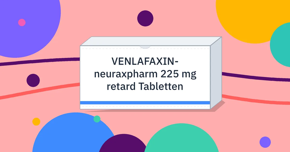 Symbolbild: Packung mit der Aufschrift VENLAFAXIN-neuraxpharm 225 mg retard Tabletten (PZN 08819745) – Verfügbarkeit und Bezug in Apotheken in Frankfurt am Main