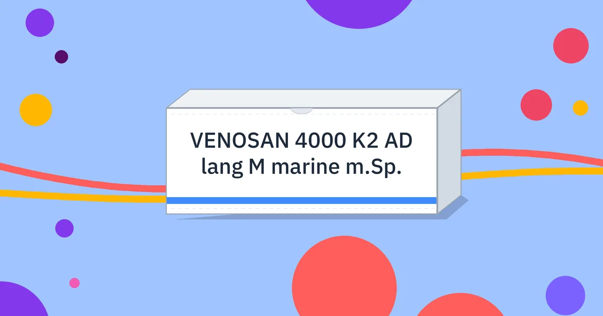 Symbolbild: Packung mit der Aufschrift VENOSAN 4000 K2 AD lang M marine m.Sp. (PZN 16602020) – Verfügbarkeit und Bezug in Apotheken in Frankfurt am Main