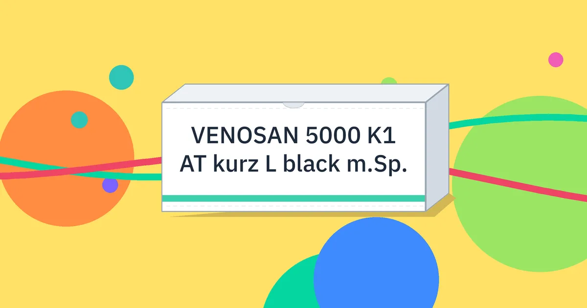 Symbolbild: Packung mit der Aufschrift VENOSAN 5000 K1 AT kurz L black m.Sp. (PZN 14432849) – Verfügbarkeit und Bezug in Apotheken in Frankfurt am Main