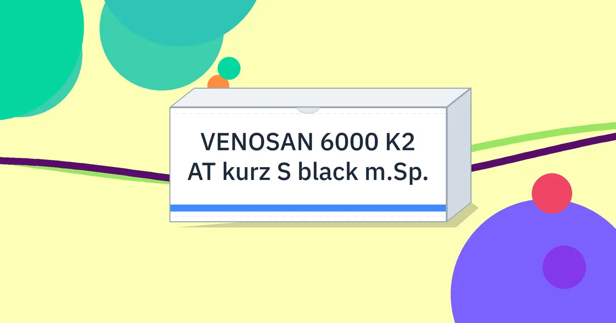 Symbolbild: Packung mit der Aufschrift VENOSAN 6000 K2 AT kurz S black m.Sp. (PZN 17173302) – Verfügbarkeit und Bezug in Apotheken in Frankfurt am Main