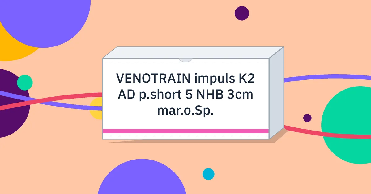 Symbolbild: Packung mit der Aufschrift VENOTRAIN impuls K2 AD p.short 5 NHB 3cm mar.o.Sp. (PZN 15223929) – Verfügbarkeit und Bezug in Apotheken in Frankfurt am Main