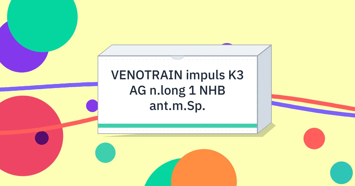 Symbolbild: Packung mit der Aufschrift VENOTRAIN impuls K3 AG n.long 1 NHB ant.m.Sp. (PZN 15215858) – Verfügbarkeit und Bezug in Apotheken in Frankfurt am Main