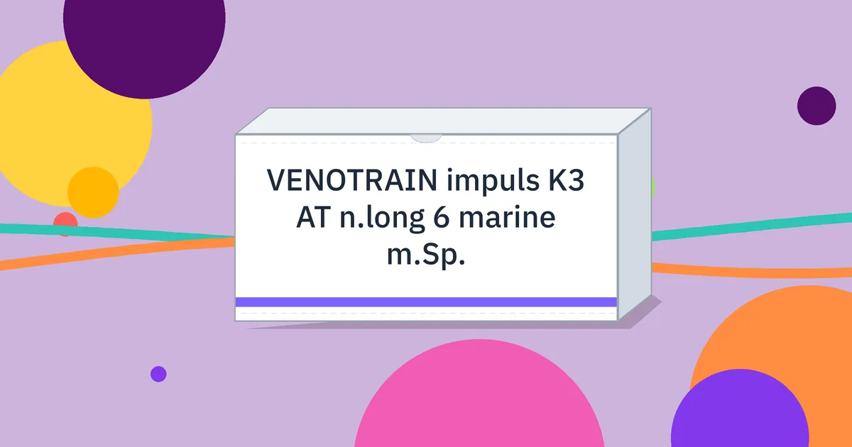 Symbolbild: Packung mit der Aufschrift VENOTRAIN impuls K3 AT n.long 6 marine m.Sp. (PZN 19355651) – Verfügbarkeit und Bezug in Apotheken in Frankfurt am Main