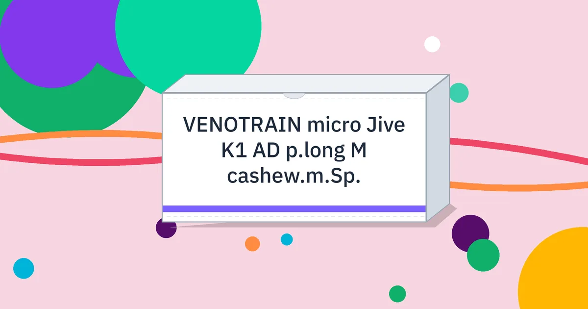 Symbolbild: Packung mit der Aufschrift VENOTRAIN micro Jive K1 AD p.long M cashew.m.Sp. (PZN 20768329) – Verfügbarkeit und Bezug in Apotheken in Frankfurt am Main