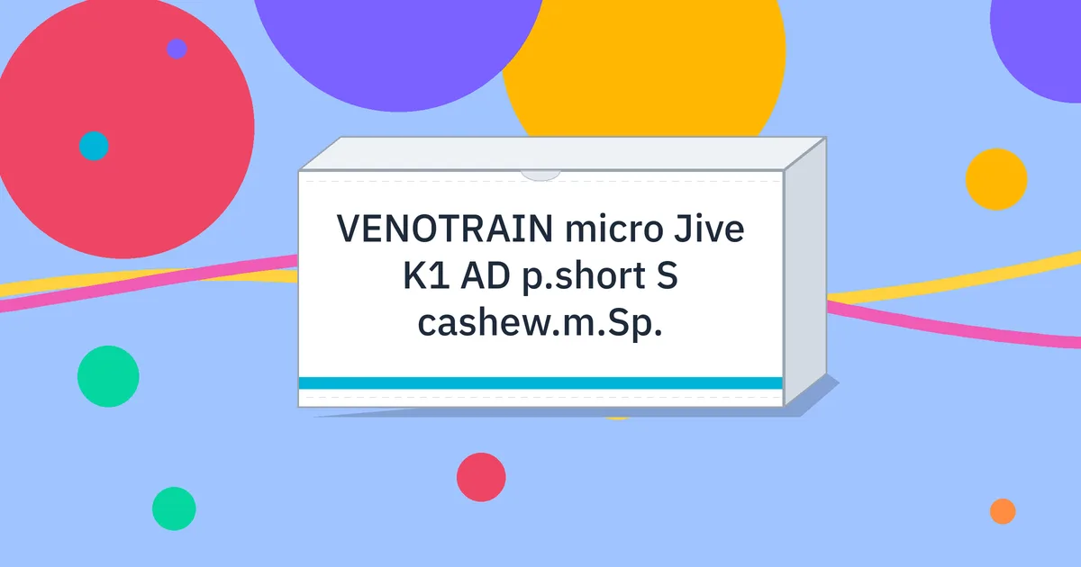 Symbolbild: Packung mit der Aufschrift VENOTRAIN micro Jive K1 AD p.short S cashew.m.Sp. (PZN 20768275) – Verfügbarkeit und Bezug in Apotheken in Frankfurt am Main