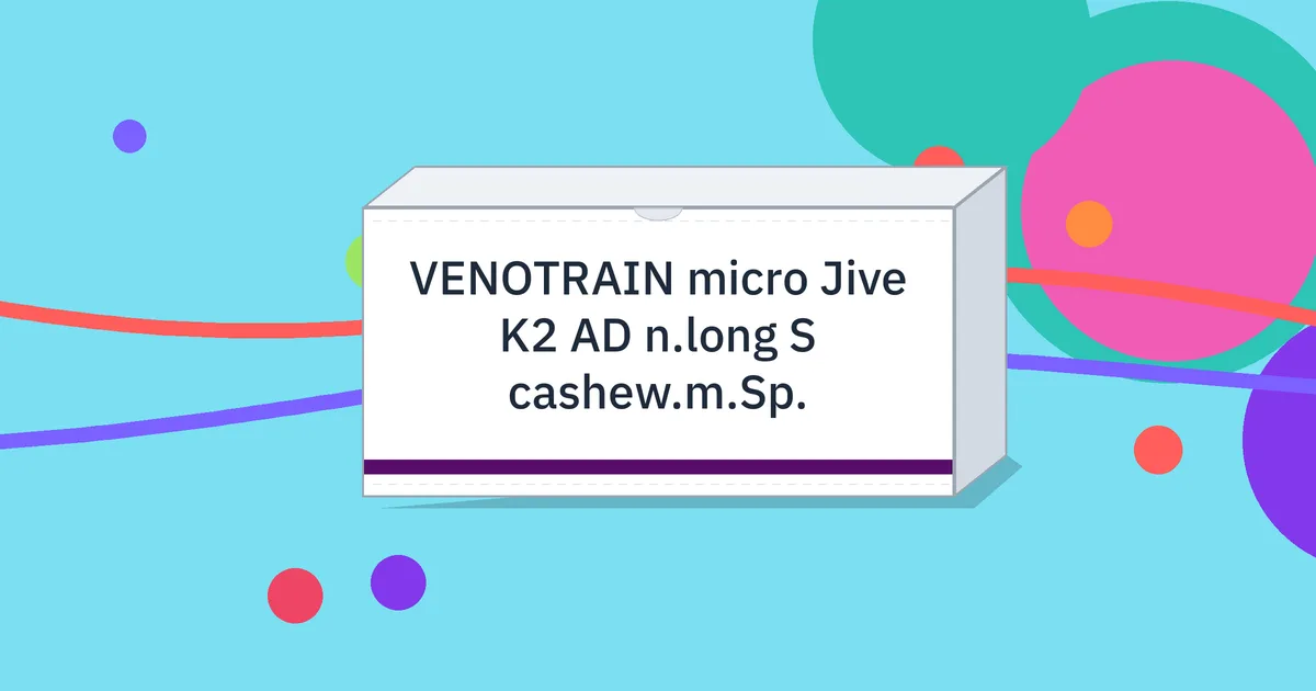 Symbolbild: Packung mit der Aufschrift VENOTRAIN micro Jive K2 AD n.long S cashew.m.Sp. (PZN 20768401) – Verfügbarkeit und Bezug in Apotheken in Frankfurt am Main