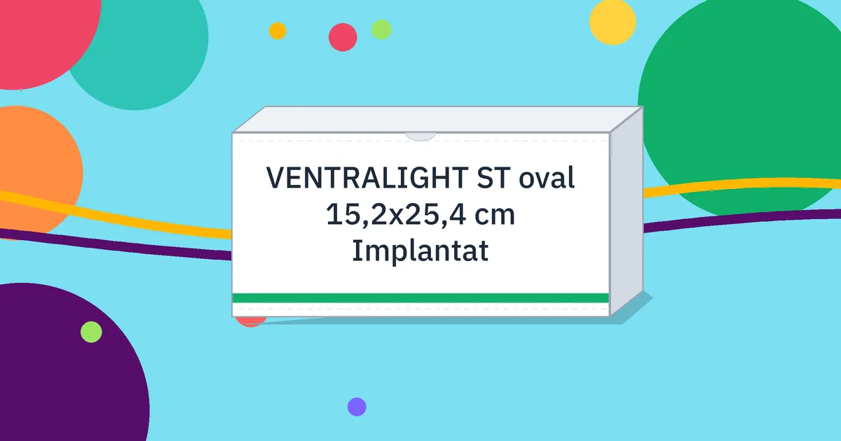 Symbolbild: Packung mit der Aufschrift VENTRALIGHT ST oval 15,2x25,4 cm Implantat (PZN 09067520) – Verfügbarkeit und Bezug in Apotheken in Frankfurt am Main