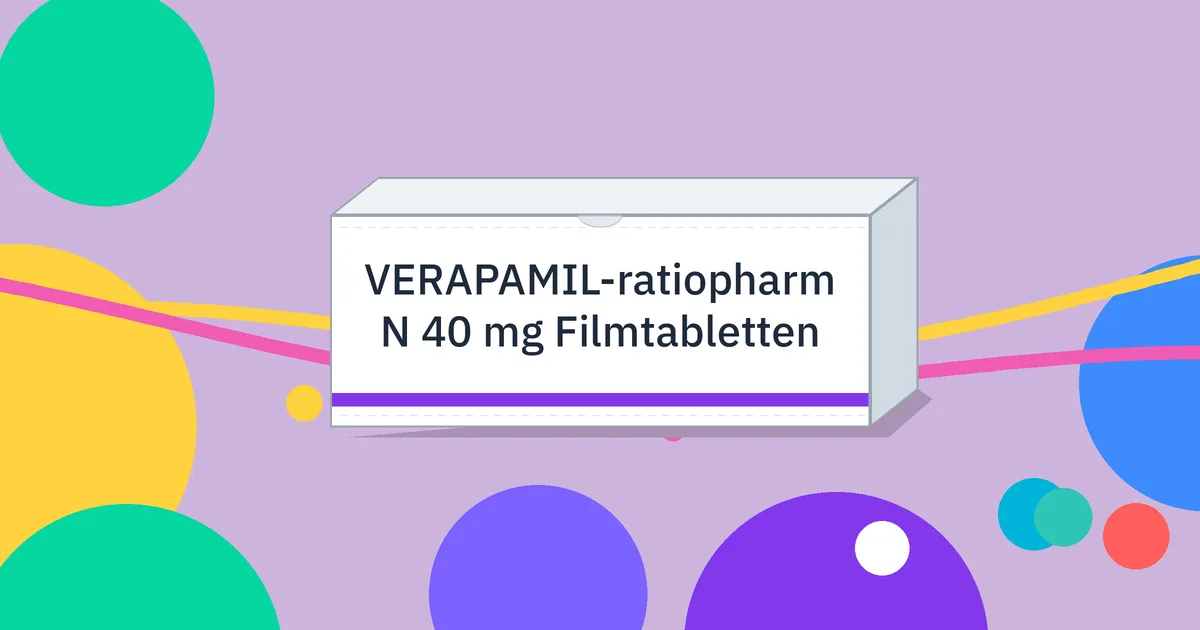 Symbolbild: Packung mit der Aufschrift VERAPAMIL-ratiopharm N 40 mg Filmtabletten (PZN 03634076) – Verfügbarkeit und Bezug in Apotheken in Frankfurt am Main