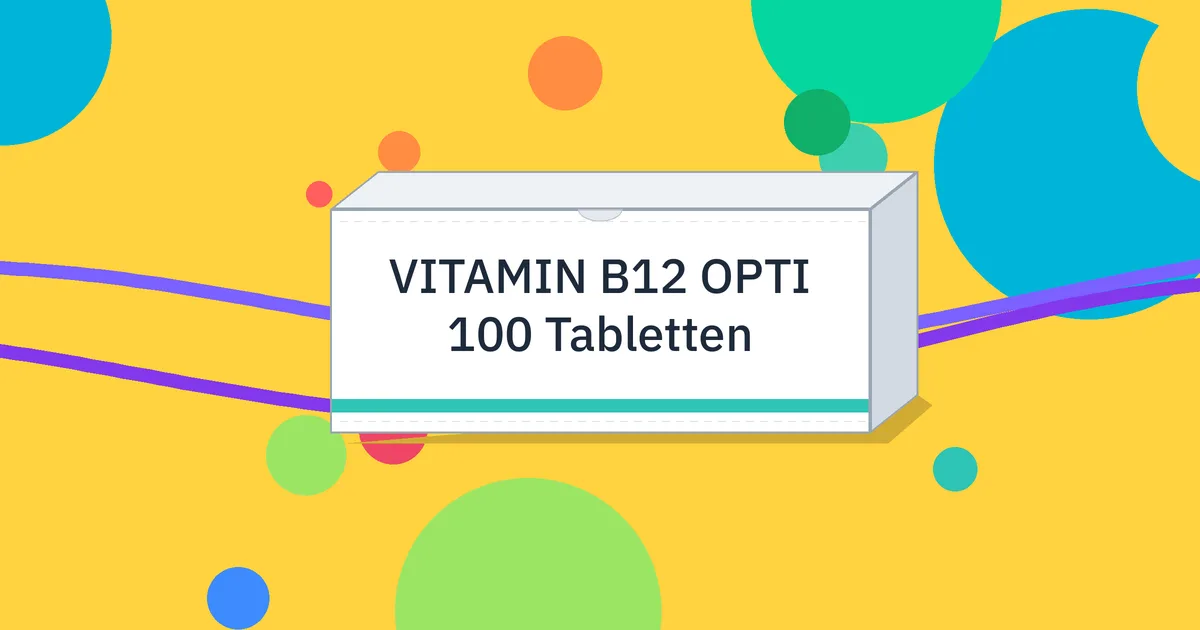 Symbolbild: Packung mit der Aufschrift VITAMIN B12 OPTI 100 Tabletten (PZN 09520592) – Verfügbarkeit und Bezug in Apotheken in Frankfurt am Main