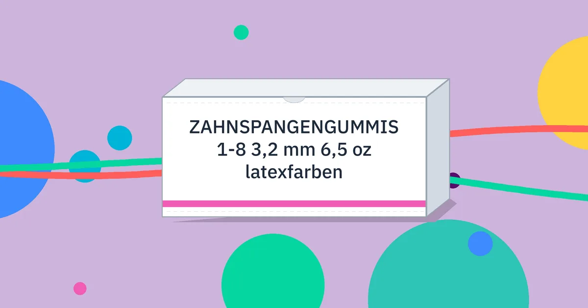 Symbolbild: Packung mit der Aufschrift ZAHNSPANGENGUMMIS 1-8 3,2 mm 6,5 oz latexfarben (PZN 19857772) – Verfügbarkeit und Bezug in Apotheken in Frankfurt am Main