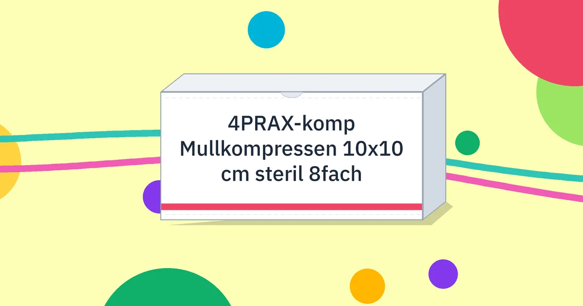 Symbolbild: Packung mit der Aufschrift 4PRAX-komp Mullkompressen 10x10 cm steril 8fach (PZN 20229756) – Verfügbarkeit und Bezug in Apotheken in Frankfurt am Main