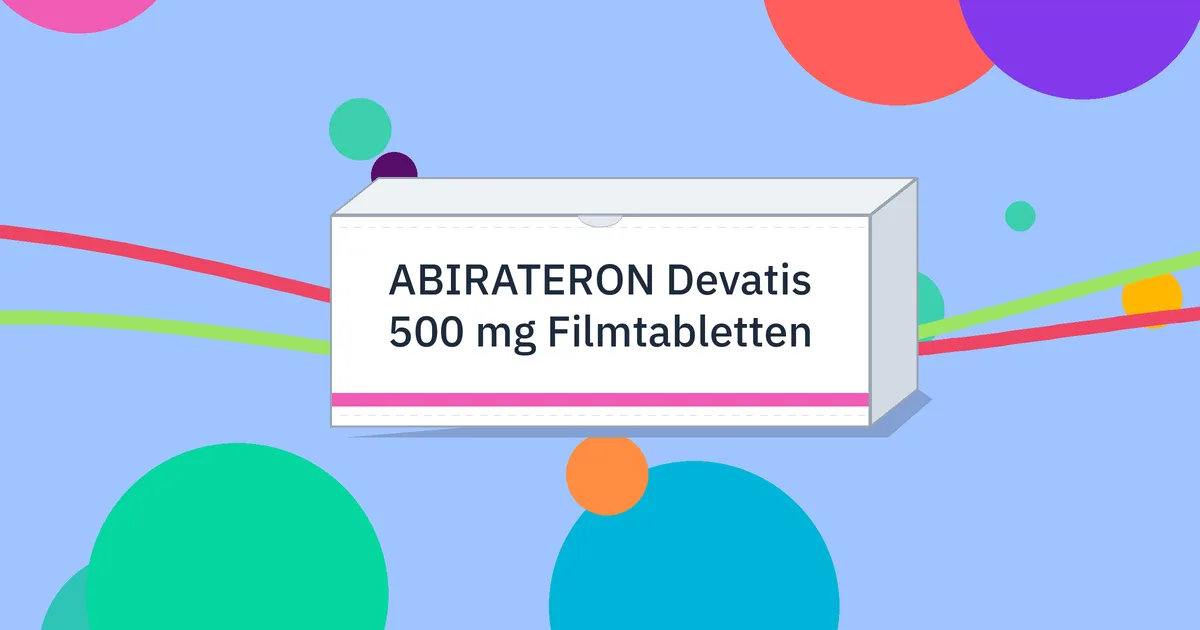 Symbolbild: Packung mit der Aufschrift ABIRATERON Devatis 500 mg Filmtabletten (PZN 19226793) – Verfügbarkeit und Bezug in Apotheken in Frankfurt am Main