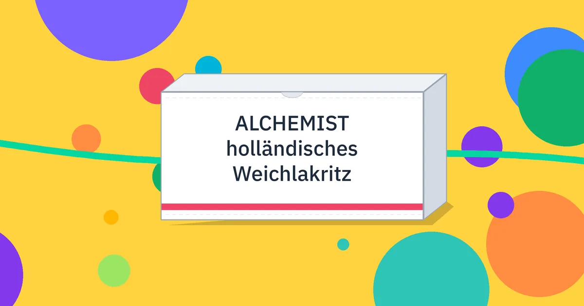 Symbolbild: Packung mit der Aufschrift ALCHEMIST holländisches Weichlakritz (PZN 11531143) – Verfügbarkeit und Bezug in Apotheken in Frankfurt am Main