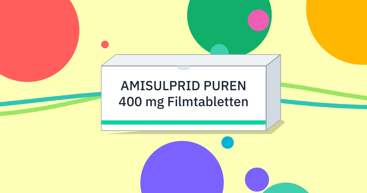 Symbolbild: Packung mit der Aufschrift AMISULPRID PUREN 400 mg Filmtabletten (PZN 13655553) – Verfügbarkeit und Bezug in Apotheken in Frankfurt am Main