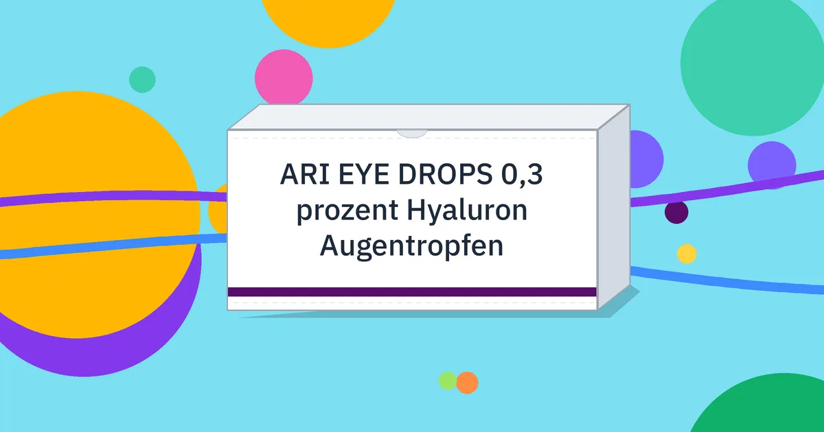 Symbolbild: Packung mit der Aufschrift ARI EYE DROPS 0,3 prozent Hyaluron Augentropfen (PZN 16859776) – Verfügbarkeit und Bezug in Apotheken in Frankfurt am Main