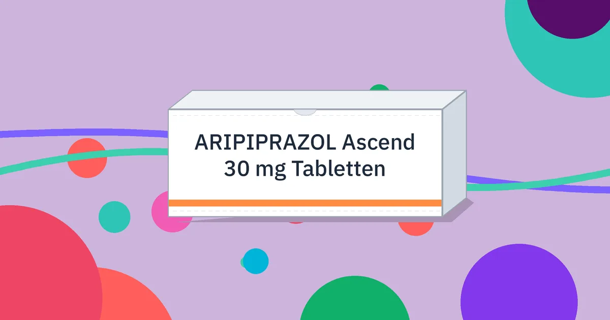 Symbolbild: Packung mit der Aufschrift ARIPIPRAZOL Ascend 30 mg Tabletten (PZN 18425585) – Verfügbarkeit und Bezug in Apotheken in Frankfurt am Main