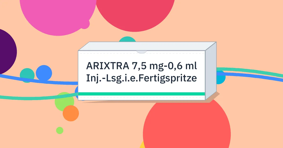 Symbolbild: Packung mit der Aufschrift ARIXTRA 7,5 mg-0,6 ml Inj.-Lsg.i.e.Fertigspritze (PZN 12595955) – Verfügbarkeit und Bezug in Apotheken in Frankfurt am Main