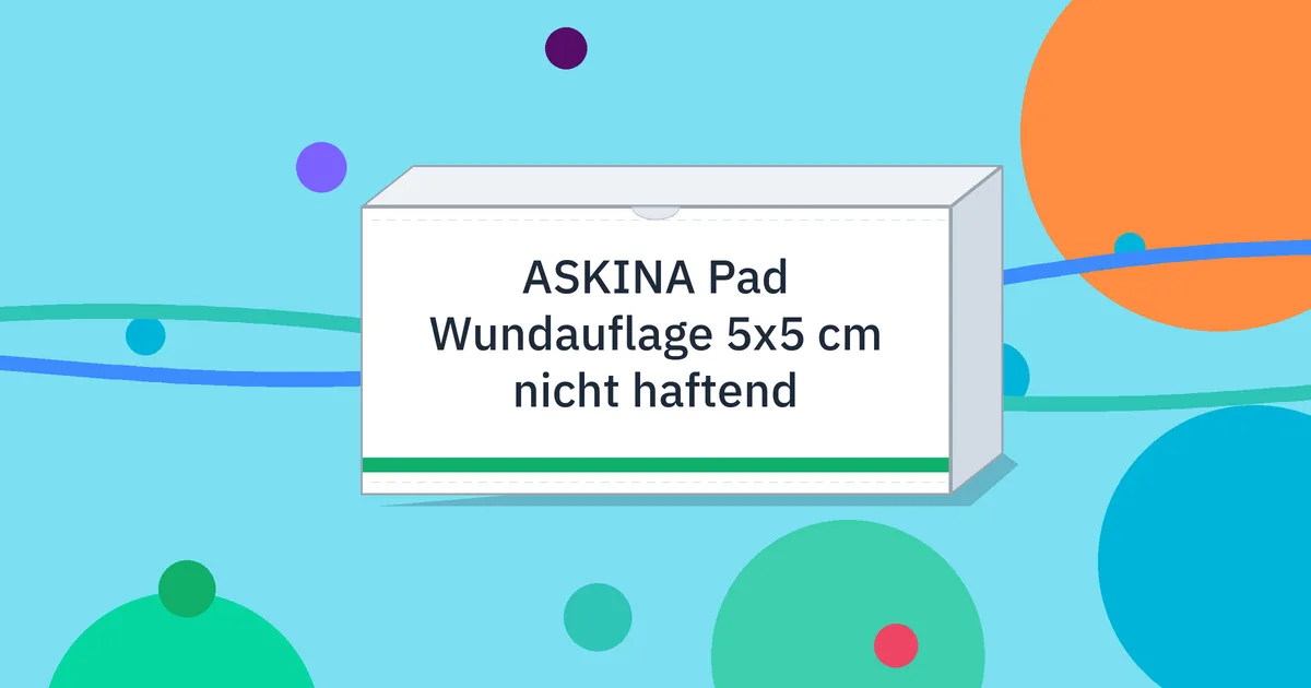 Symbolbild: Packung mit der Aufschrift ASKINA Pad Wundauflage 5x5 cm nicht haftend (PZN 15565050) – Verfügbarkeit und Bezug in Apotheken in Frankfurt am Main