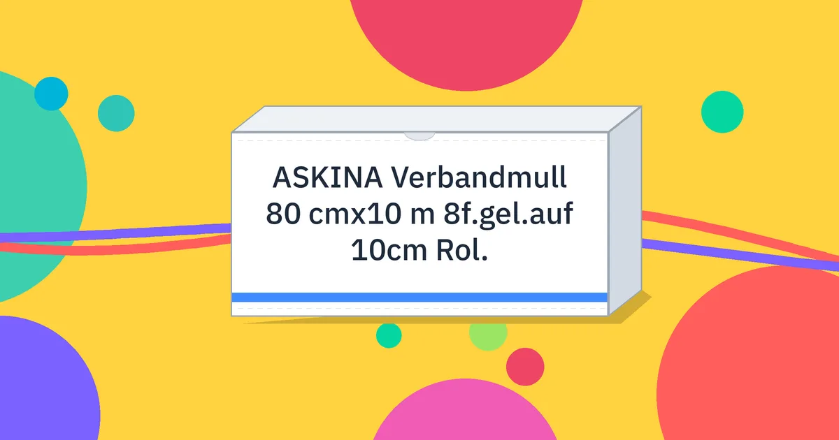 Symbolbild: Packung mit der Aufschrift ASKINA Verbandmull 80 cmx10 m 8f.gel.auf 10cm Rol. (PZN 12736491) – Verfügbarkeit und Bezug in Apotheken in Frankfurt am Main